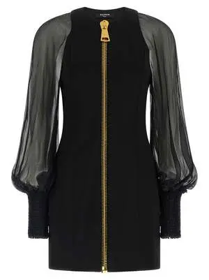 Balmain Mini Dress With Gold Xl Zip And Sheer Sleeves - Black