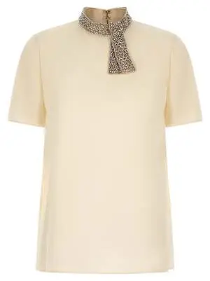 Valentino Garavani Embellished Jewel Collar Silk Top - White