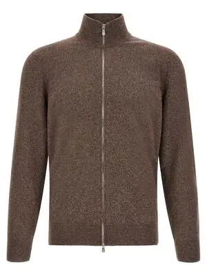 Brunello Cucinelli High Neck Zip Cardigan In Cashmere - Brown
