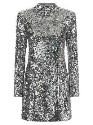 Balmain Sequin Mini Dress With High Neck And Structured Shoulders - Silver