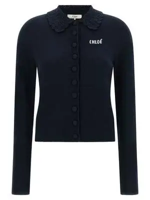 Chloé Navy Pure Wool Crochet Collar Cardigan