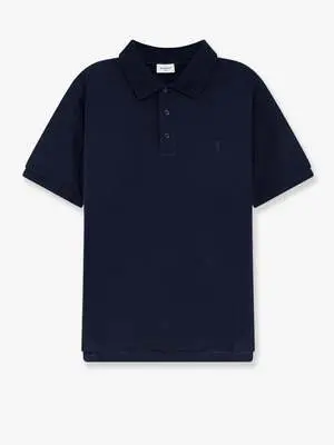Saint Laurent Pique Cotton Polo Shirt With Cassandre Embroidery - Blue