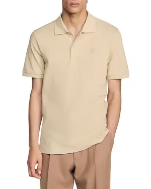 Sandro Mesh Cotton Polo Shirt With Leather Logo Patch - Beige