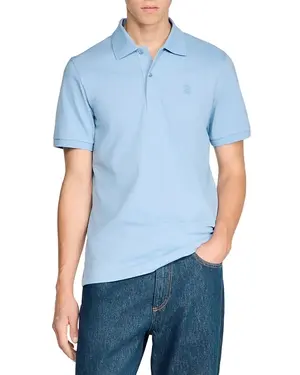Sandro Mesh Cotton Polo Shirt With Leather Logo Patch - Blue Grey
