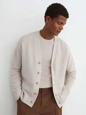 REISS Padstow 100% Cashmere V-neck Cardigan - Parchment Grey