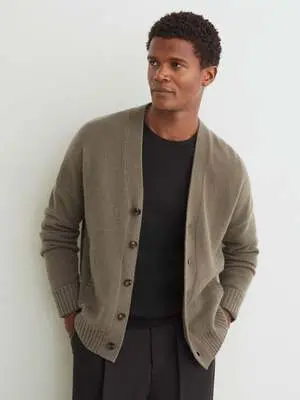 REISS Padstow 100% Cashmere V-neck Cardigan - Sable Green