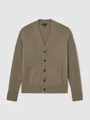 REISS Padstow 100% Cashmere V-neck Cardigan - Sable Green