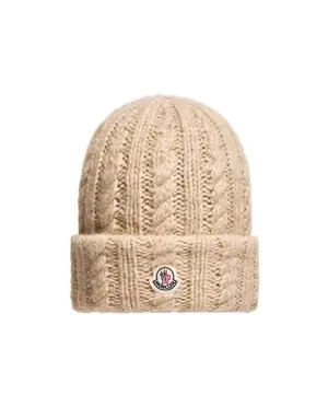 Moncler Cable Knit Wool Blend Beanie - Light Beige