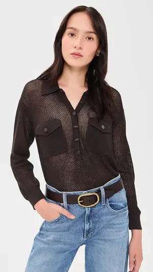 L'Agence Carine Pointelle Collared Sweater With Button Details And Pockets - Coffee Bean