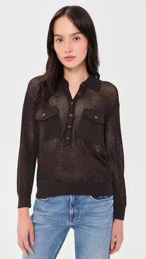 L'Agence Carine Pointelle Collared Sweater With Button Details And Pockets