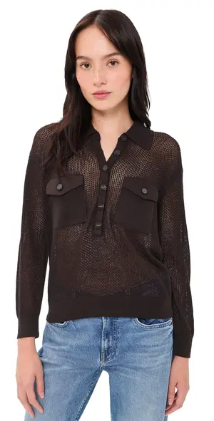 L'Agence Carine Pointelle Collared Sweater With Button Details And Pockets - Coffee Bean