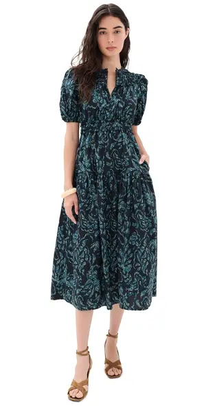 Ulla Johnson Othella Short Sleeve Botanical Print Cotton Dress - Midnight