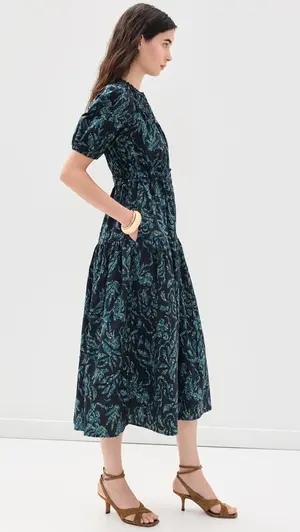 Ulla Johnson Othella Short Sleeve Botanical Print Cotton Dress - Midnight