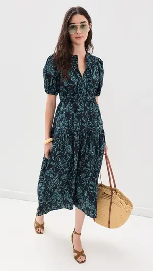 Ulla Johnson Othella Short Sleeve Botanical Print Cotton Dress - Midnight