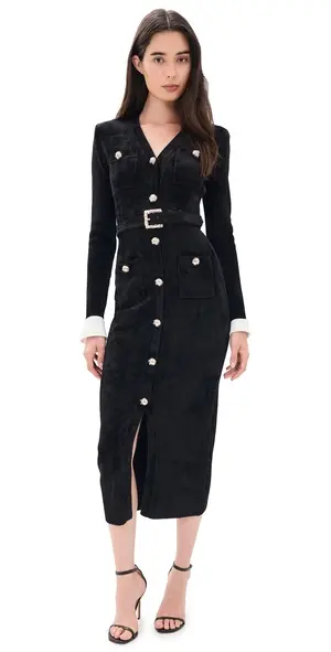 SELF-PORTRAIT Chenille Knit Midi Dress With Belt And Button Detailing - Black