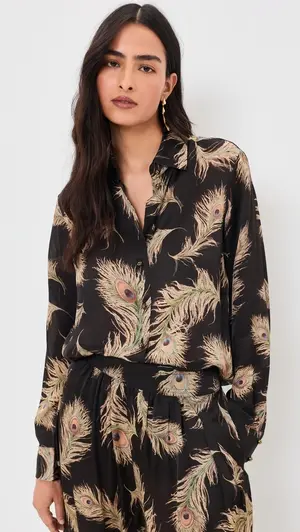 Zimmermann Valiant Silk Button Down Shirt With Peacock Feather Print