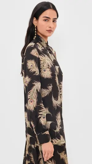 Zimmermann Valiant Silk Button Down Shirt With Peacock Feather Print