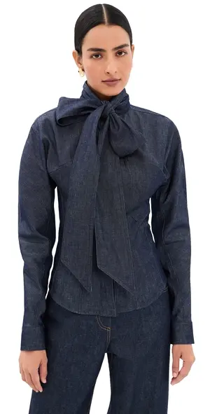 Françoise Hendrix Denim Shirt With Pussy Bow Detail - Indigo