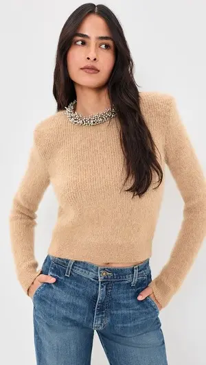 SELF-PORTRAIT Beaded Knit Sweater - Brown