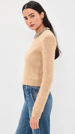 SELF-PORTRAIT Beaded Embellished Knit Sweater - Brown
