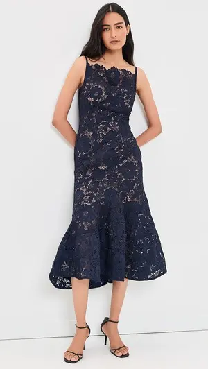 SELF-PORTRAIT Spiral Lace Midi Dress - Navy