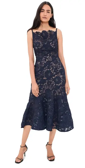 SELF-PORTRAIT Spiral Lace Midi Dress - Navy
