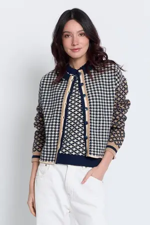 Central Park West Marlo Mixed Check Cardigan - Navy Multi