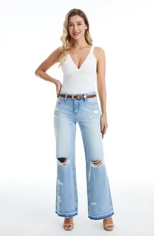 BAYEAS Released Hem Ripped High Waist Bootcut Jeans