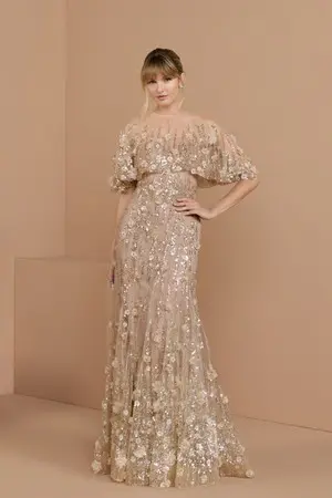 Mac Duggal Petite Embellished Cape Sleeve Mermaid Gown
