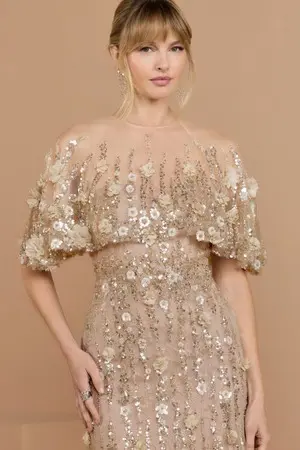 Mac Duggal Petite Embellished Cape Sleeve Mermaid Gown