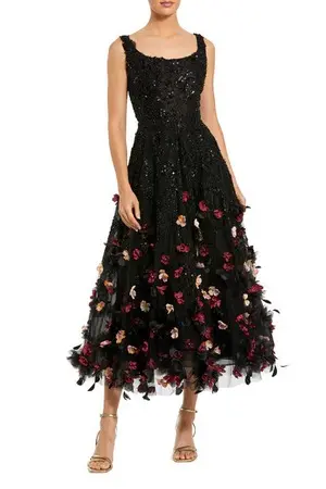 Mac Duggal Petite Sleeveless Beaded Midi Dress With 3d Flowers