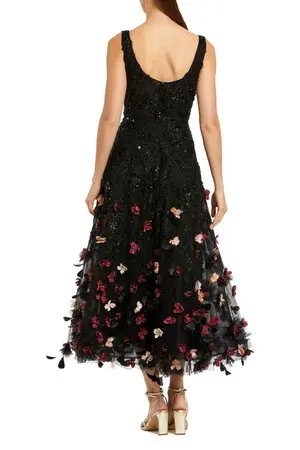 Mac Duggal Petite Sleeveless Beaded Midi Dress With 3d Flowers