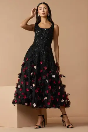 Mac Duggal Petite Sleeveless Beaded Midi Dress With 3d Flowers