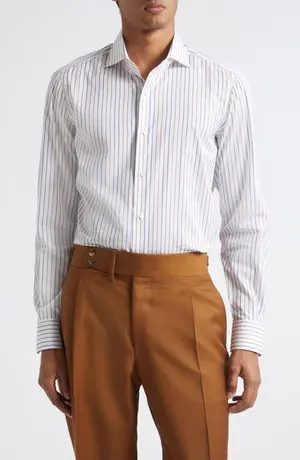 Isaia Striped Egyptian Mako Cotton Shirt - White Blue 01