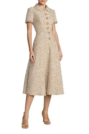 Mac Duggal Boucle Cap Sleeve Collared Neck A Line Midi Dress