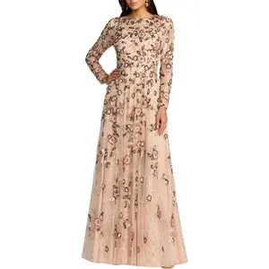 Mac Duggal Embellished Lace Floral Long Sleeve A-line Gown