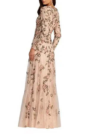 Mac Duggal Embellished Lace Floral Long Sleeve A-line Gown