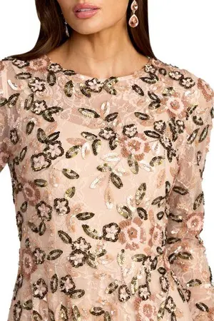 Mac Duggal Embellished Lace Floral Long Sleeve A-line Gown