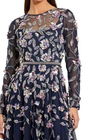 Mac Duggal Petite Long Sleeve Floral Embellished Evening Gown