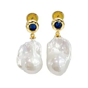 CLASSICHARMS Gold / Blue Skyler Sapphire Baroque Pearl Drop Earrings