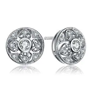 GENEVIVE White / Silver Cz Sterling Silver White Gold Plated Round Stud Earrings - White/silver