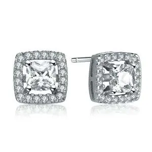 GENEVIVE White / Silver Sterling Silver Oval Cubic Zirconia Solitaire With Square Halo Earrings - White/silver