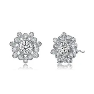 GENEVIVE Sterling Silver Gold Plated Cubic Zirconia Flower Stud Earrings - White