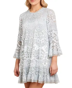 NEEDLE & THREAD Snowdrop 3/4 Sleeve Lace Mini Dress