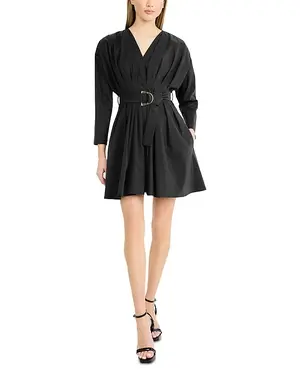 LUXELY Luxley Tie Waist V Neck Long Sleeve Mini Dress - Meteorite