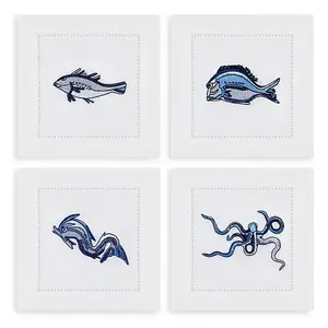 KUTNIA Motif Embroidered Linen Napkins, Set Of 4 - Marine