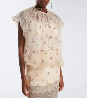 Simone Rocha Embroidered Gathered Tulle Top