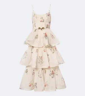 Zimmermann Floral Pleated Tiered Bustier Dress - Beige