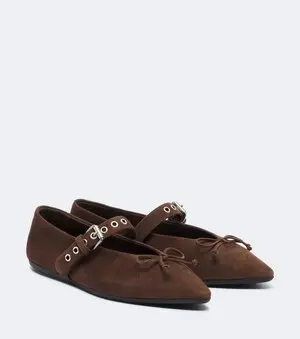 Miu Miu Suede Pointed Toe Ballet Flats With Buckle Fastening