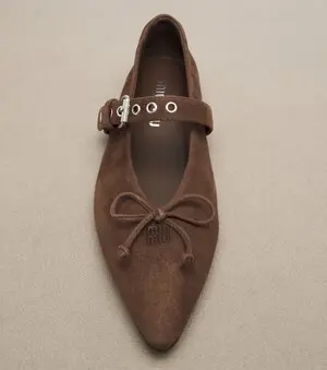 Miu Miu Suede Pointed Toe Ballet Flats With Buckle Fastening